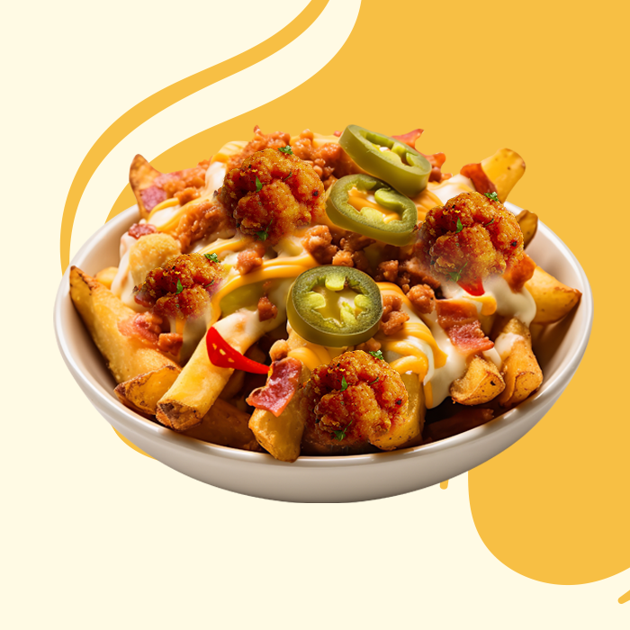 Popcorn Chicken Loaded Fries with Cheddar and Jalapeño – KLFC